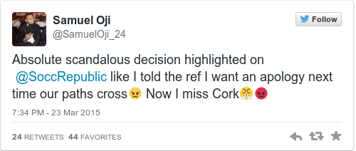 Sam Oji wants an apology for his red card or it's 'an RKO outta nowhere'